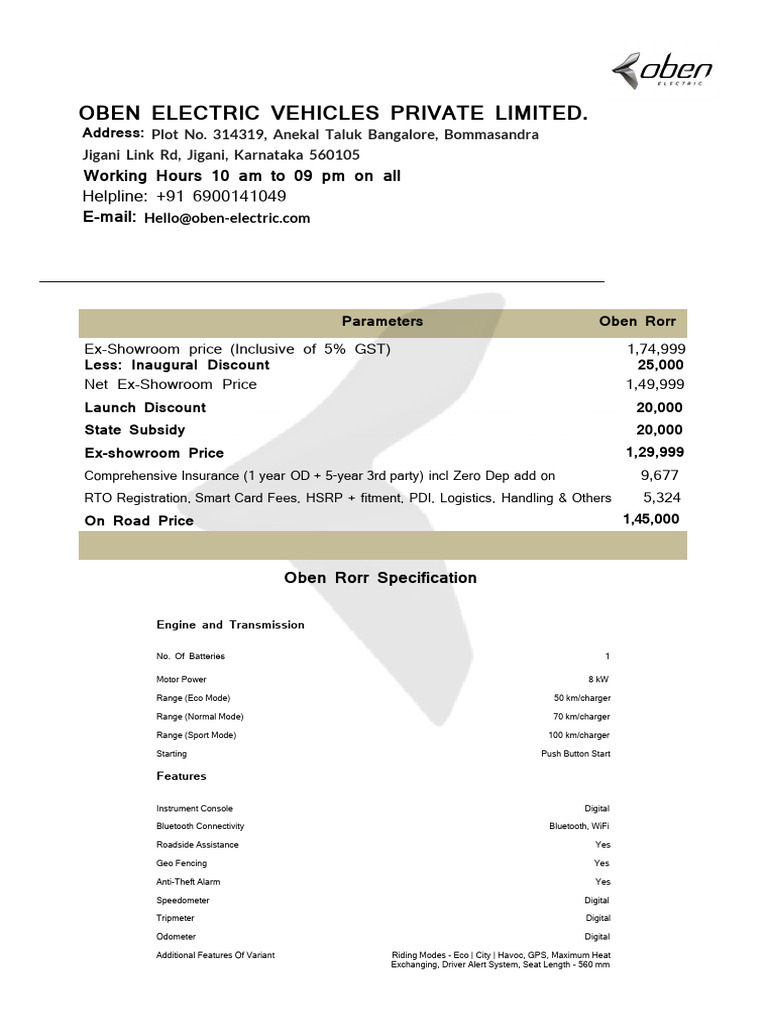 Oben Electric Rorr Price_Specifications | PDF | Battery Charger ...