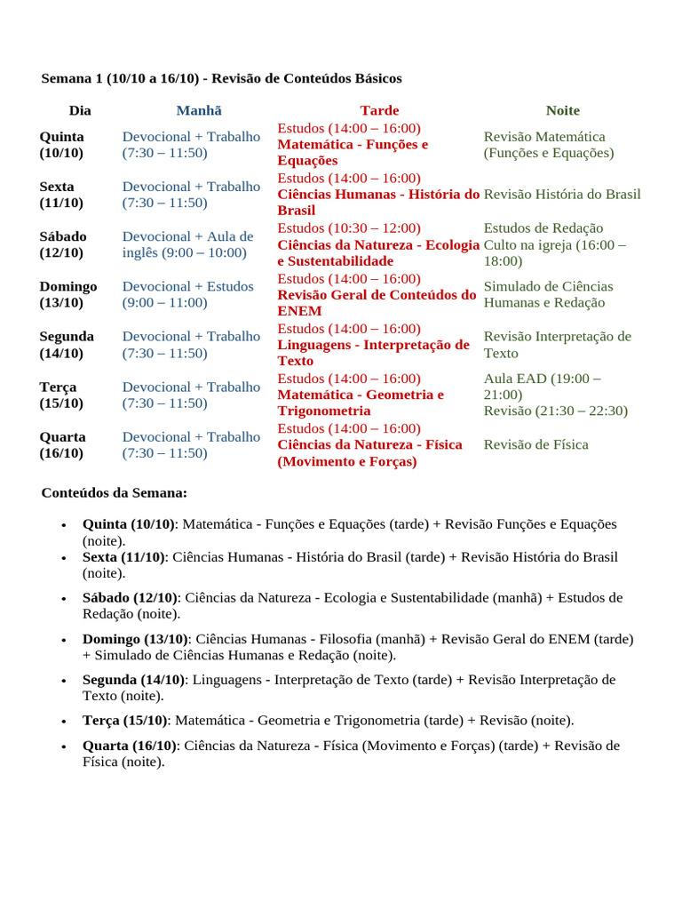 Cronograma De Estudos Enem Pdf Science Observação