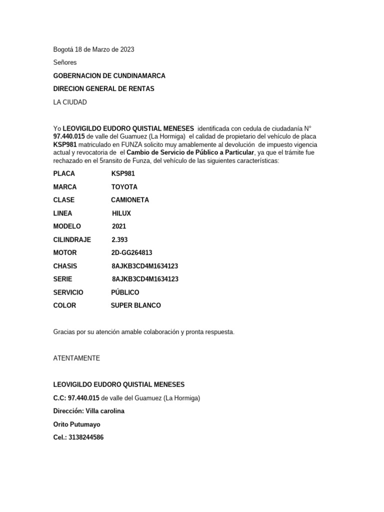 Solitud Carta para Solicitar El Impuesto KSP981 | PDF