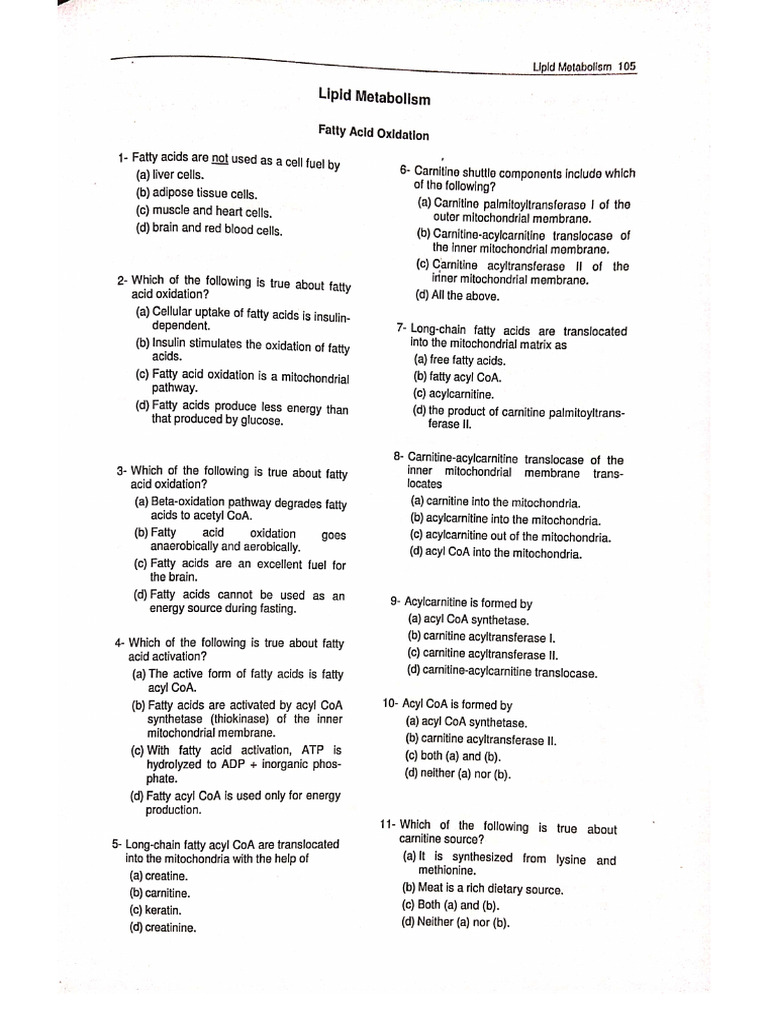 Lipid Metabolism MCQ (Dr. A. Hammouda) | PDF