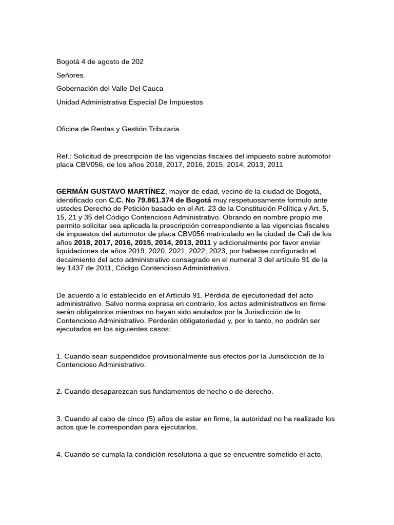 Solicitud de Prescripción Impuesto Vehicular | PDF | Estatuto de ...