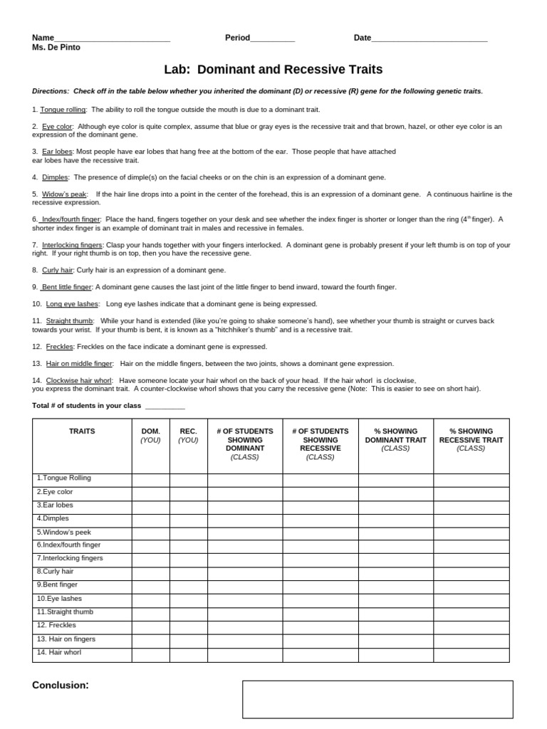 Dominant and Recessive Traits Lab | PDF | Genotype | Dominance (Genetics)