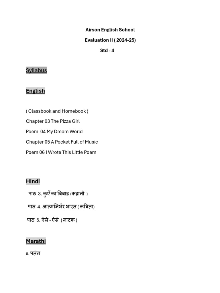 STD 4 Syllabus and Paper Pattern | PDF