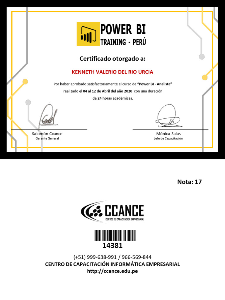 Certificado Power BI - Kenneth Valerio | PDF | Crecimiento personal y ...