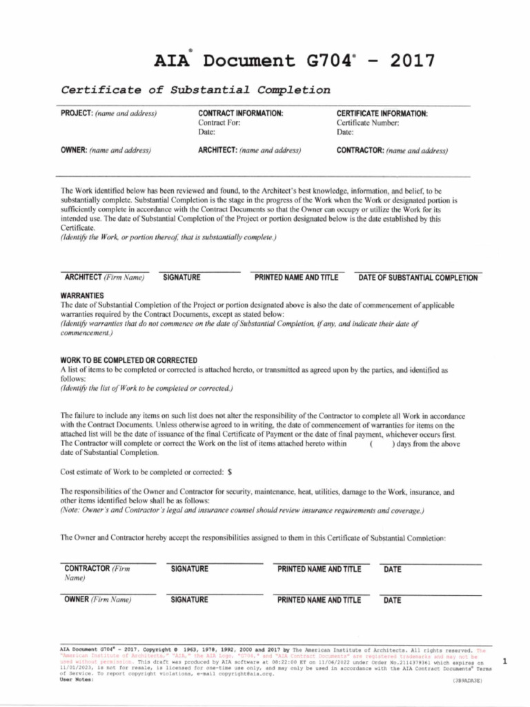 G704-2017-Certificate of Substantial Completion | PDF