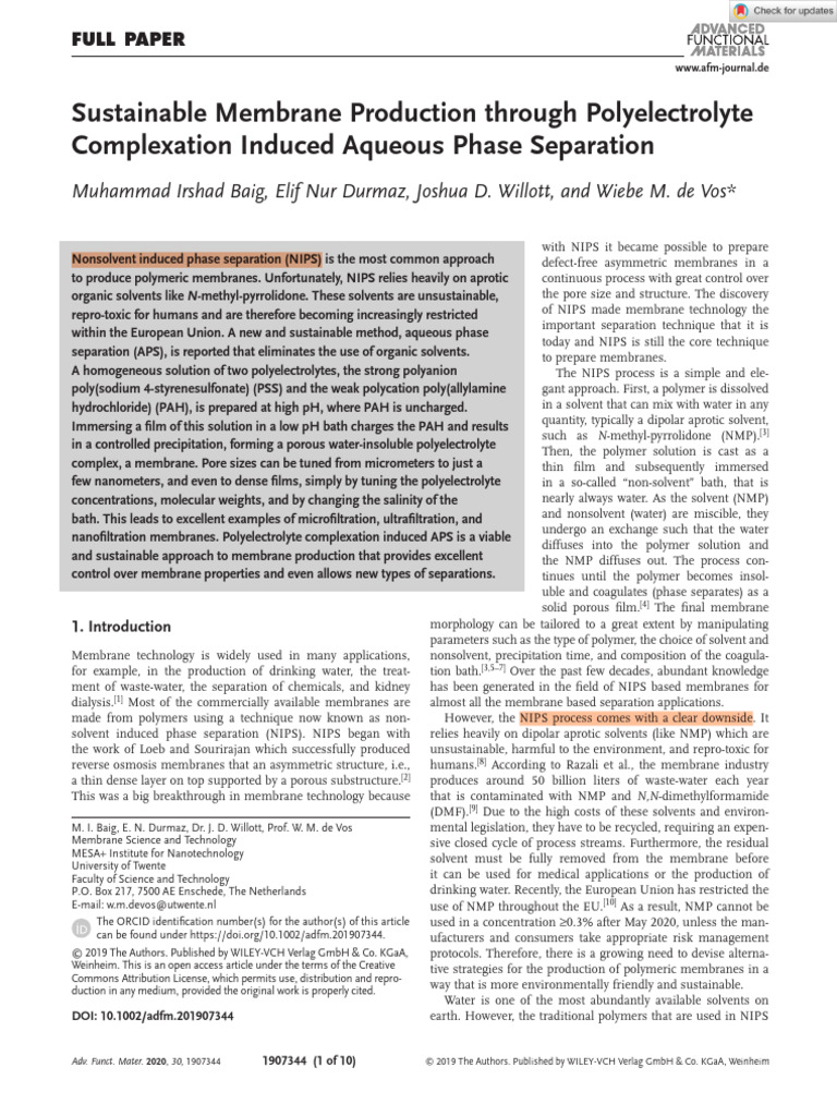 5.adv Funct Materials - 2019 - Baig - Sustainable Membrane Production ...