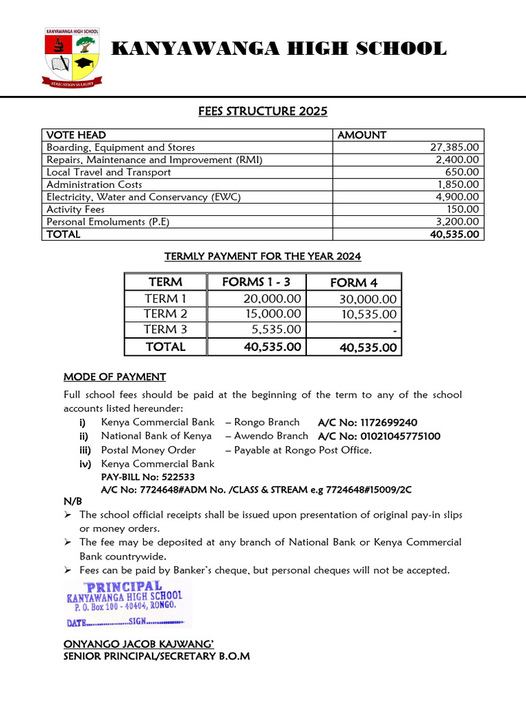 Kanyawanga High School Fees Structure 2025 | PDF
