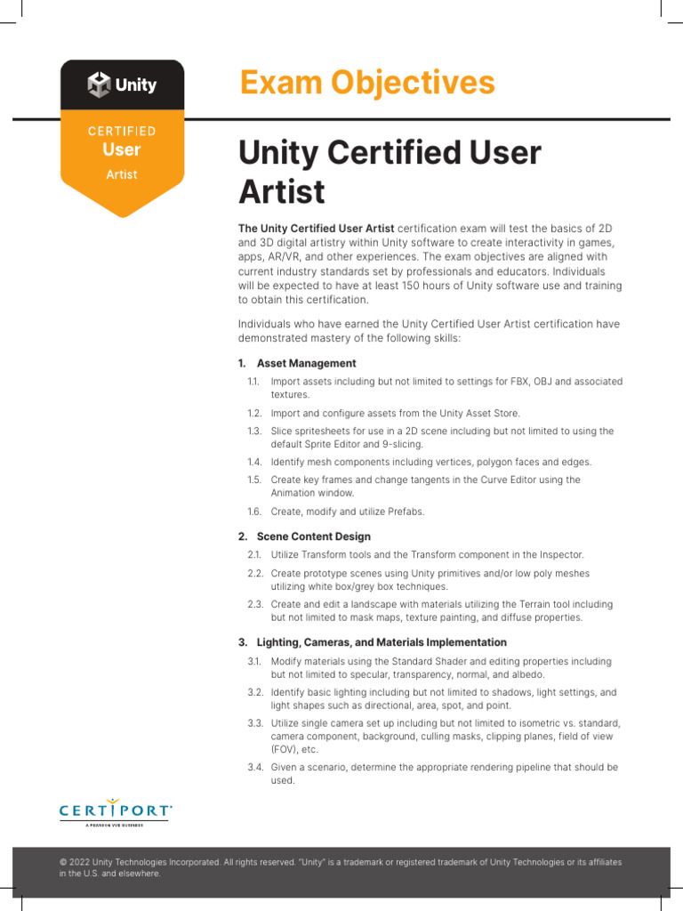 Unity Exam Objectives - Digital Artist 0923 Print | PDF | Unity (Game Engine) | Texture Mapping