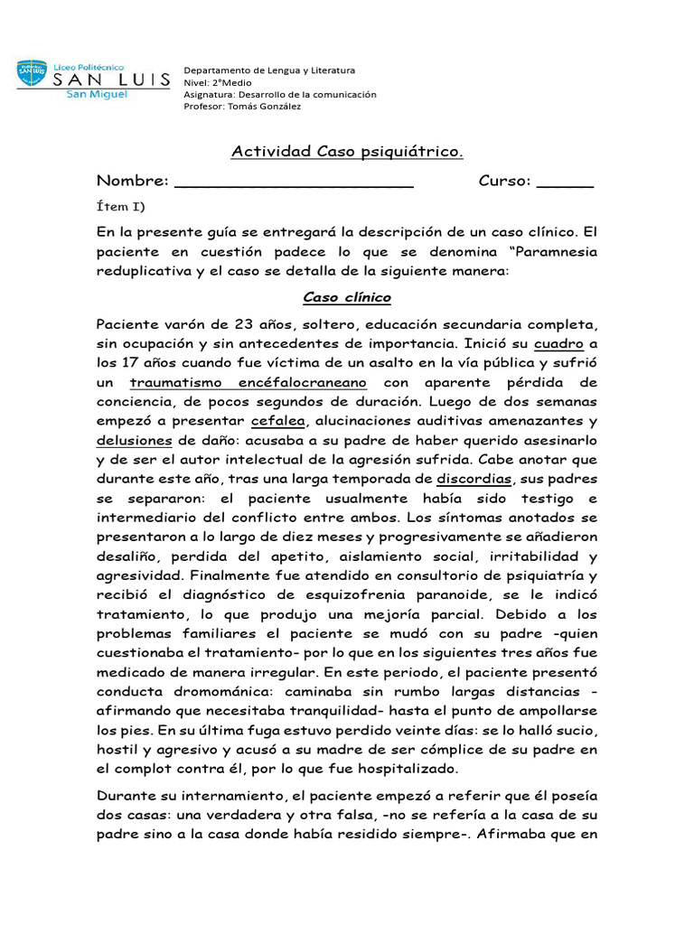 Actividad 2°medio D.C Paramnesia Reduplicativa | PDF | Esquizofrenia ...