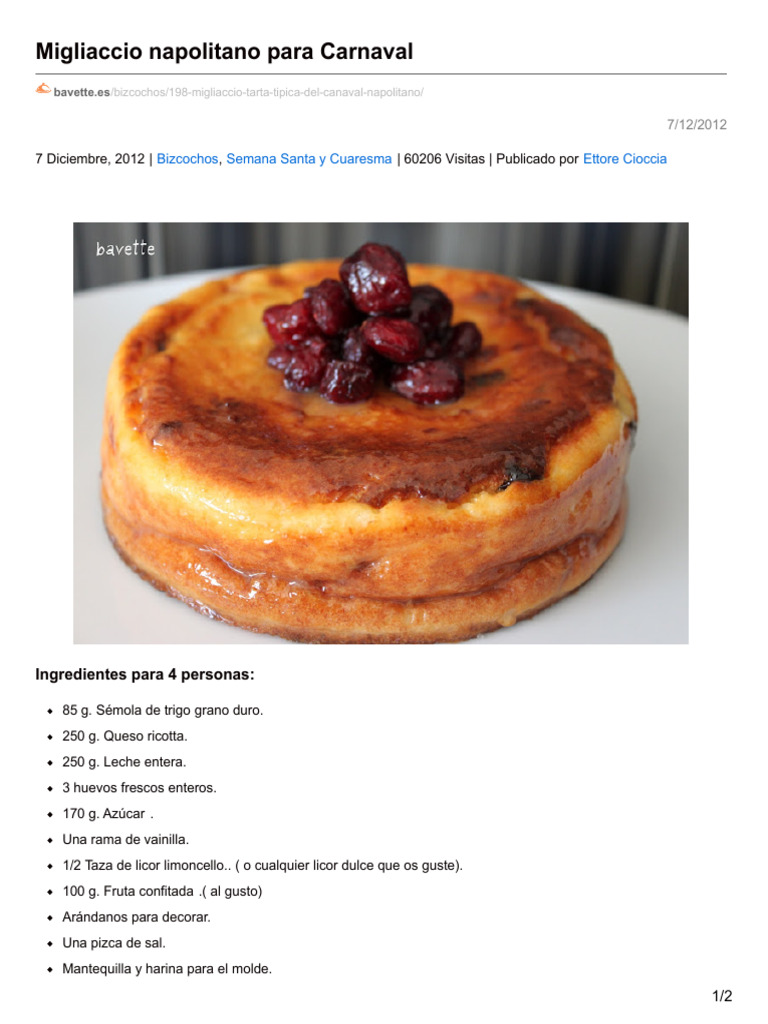 Migliaccio Napolitano para Carnaval | PDF | Postres | Cocina occidental