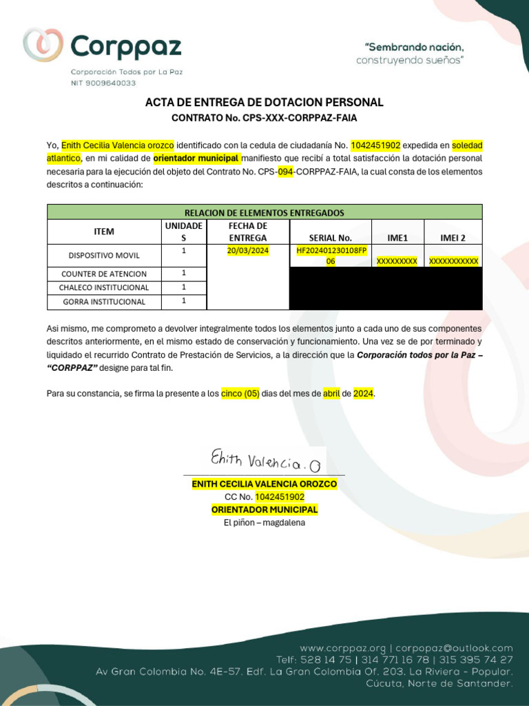 Acta Entrega Dotacion Enith Valencia Orozco El Piñon | PDF