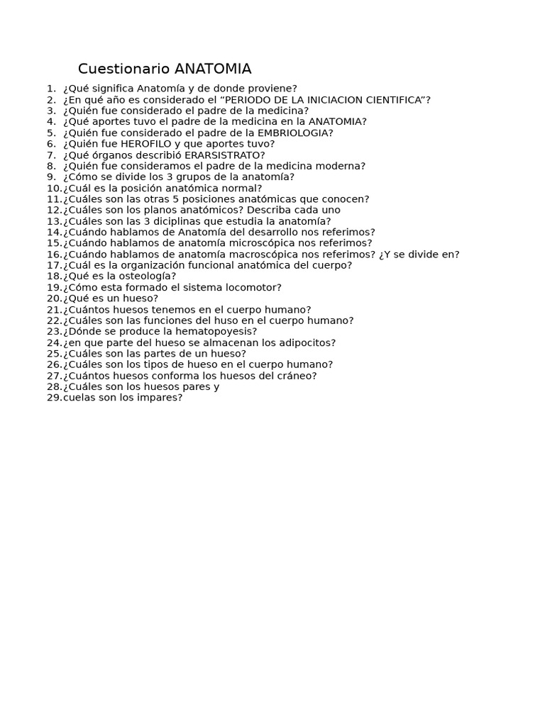 Cuestionario ANATOMIA 12 | PDF | Anatomía | Hueso