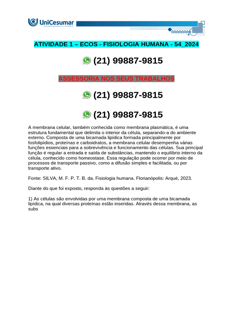 Atividade 1 - Ecos - Fisiologia Humana - 54 - 2024: Assessoria Nos Seus Trabalhos | PDF ...
