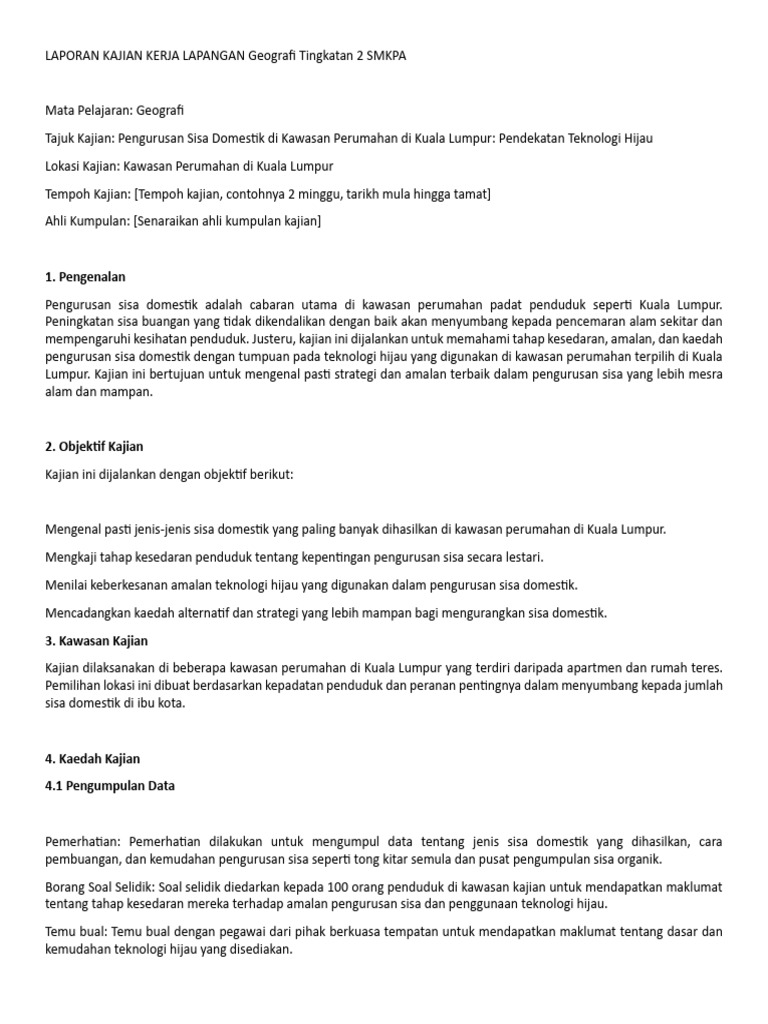 LAPORAN KAJIAN KERJA LAPANGAN Geografi Tingkatan 2 SMKPA | PDF