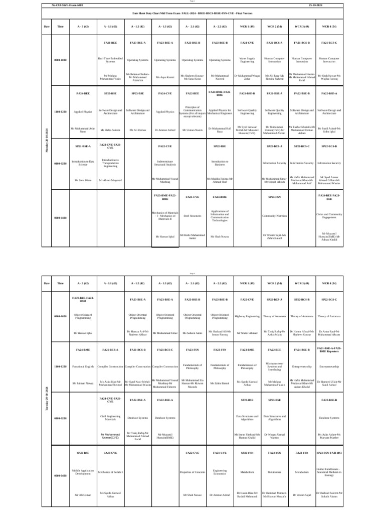 Fall 2024 Mid Term Exam Schedule | PDF
