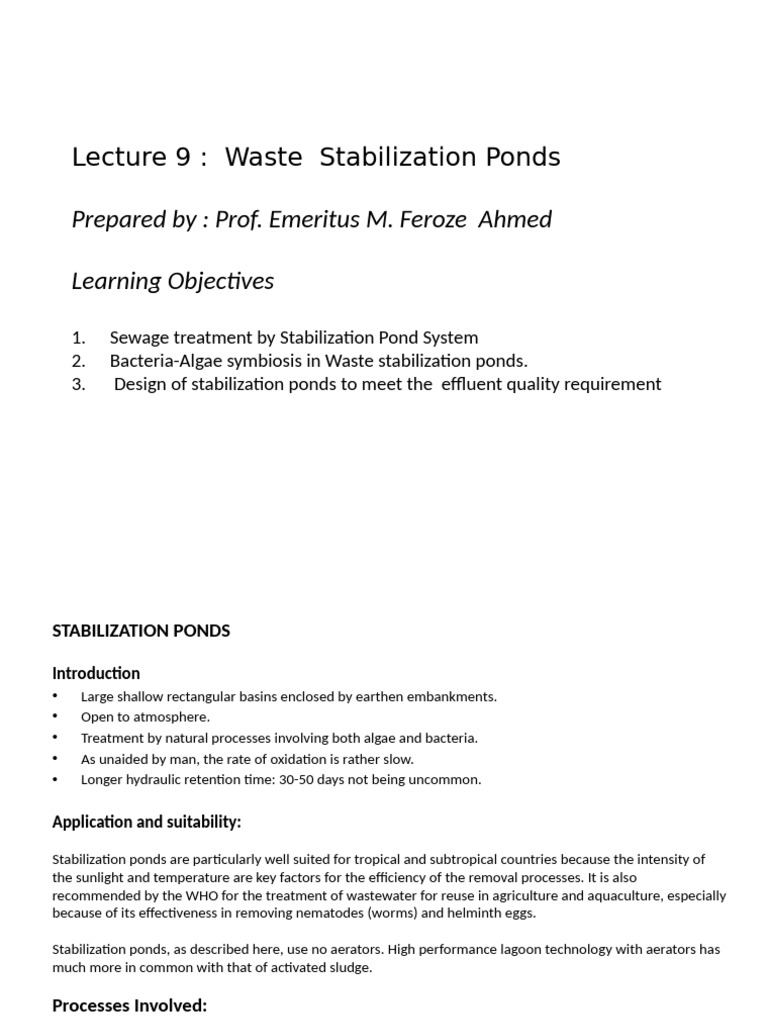 Lecture 9 - Waste Stabilization Pond | PDF | Earth Sciences | Hydrology