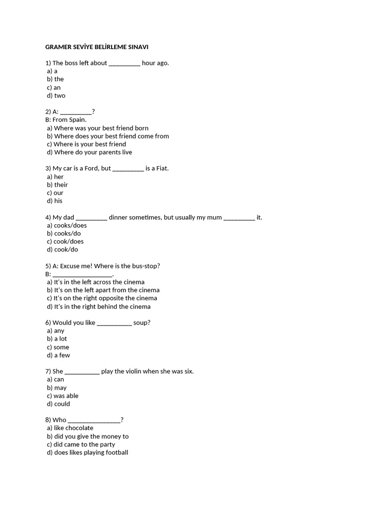 Gramer Sevi̇ye Beli̇rleme Sinavi | PDF | Language Arts & Discipline ...