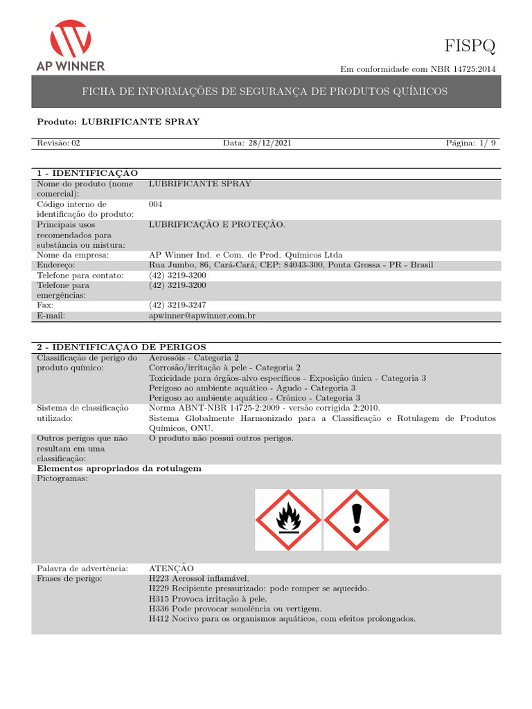 FISPQ Lubrificante Spray: Segurança e Uso | PDF | Combustão | Embalagem ...