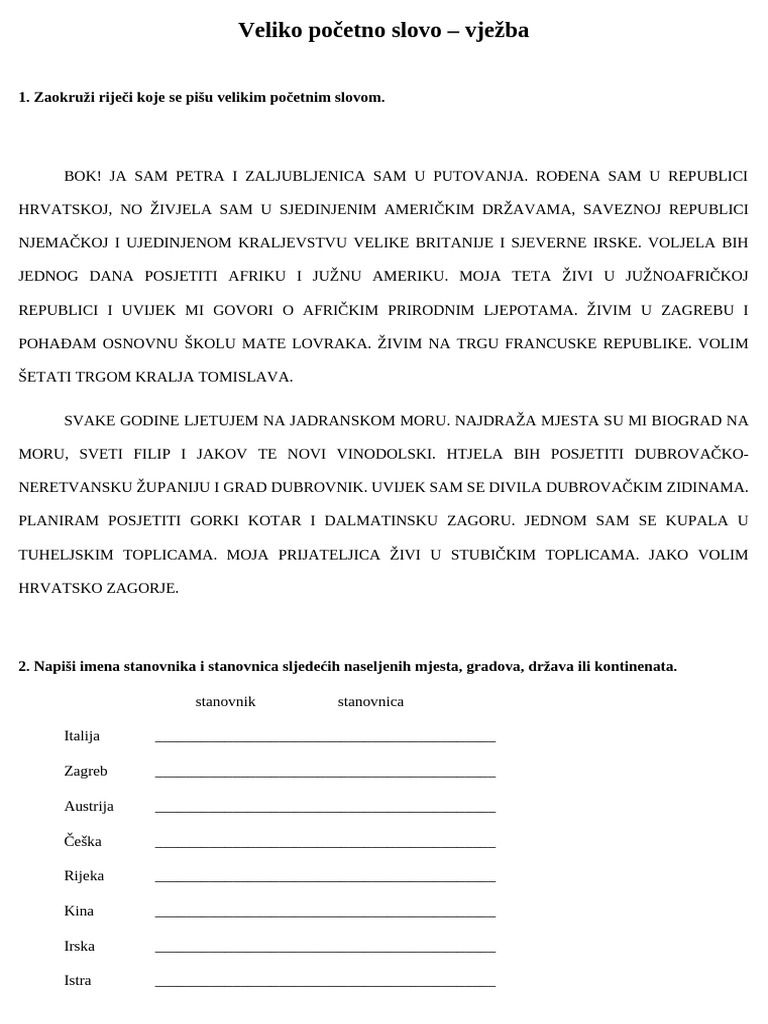 Vježba - Veliko Početno Slovo | PDF