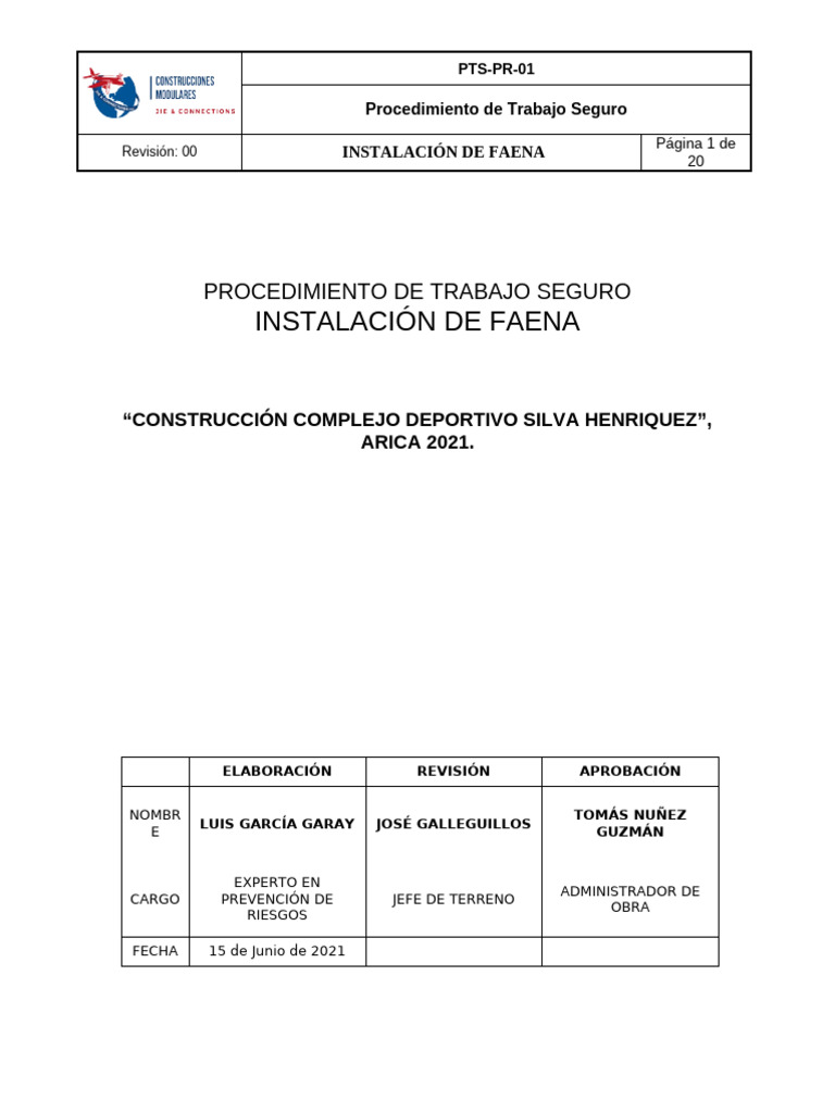 PTS-PR-01 - Instalación de Faena | PDF | Residuos | Agua