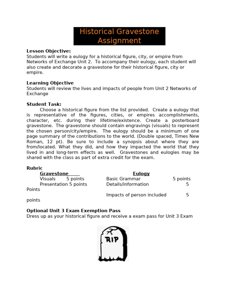 Eulogy and Gravestone Project Guide | PDF