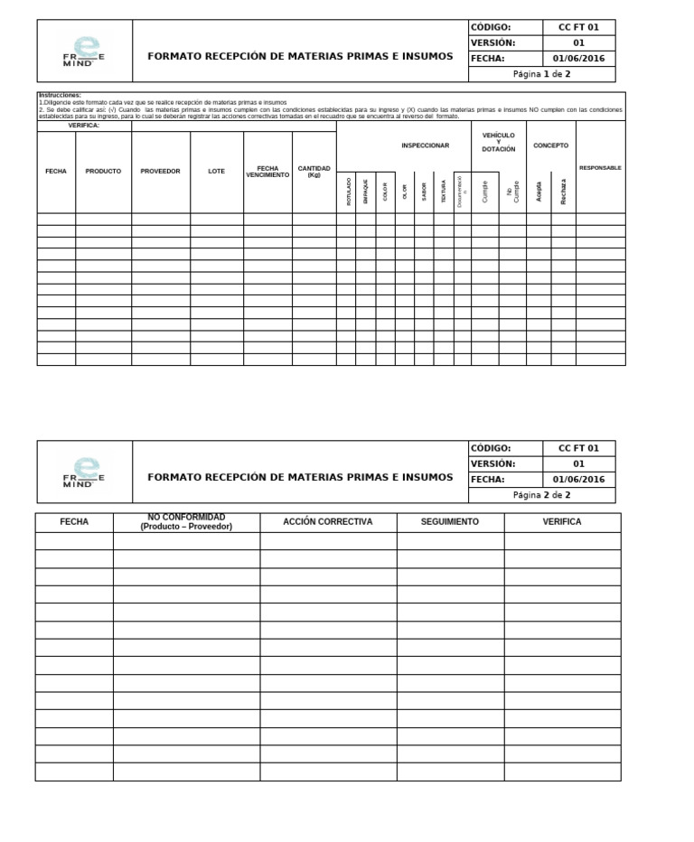 CC FT 01 - Formato Recepción de Materias Primas e Insumos | PDF