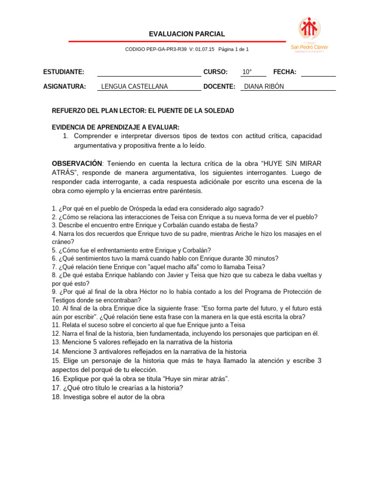 Evaluación Plan Lector 10° | PDF