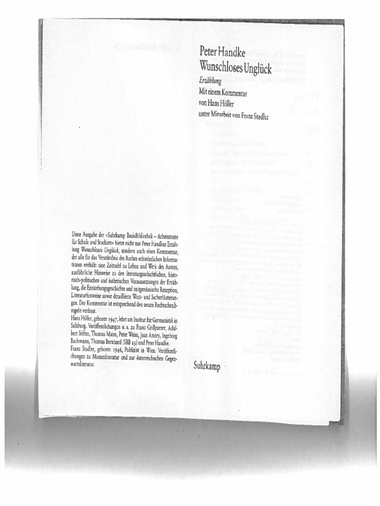 Handke Wunschloses Unglueck 1972 - 1974 Sel | PDF