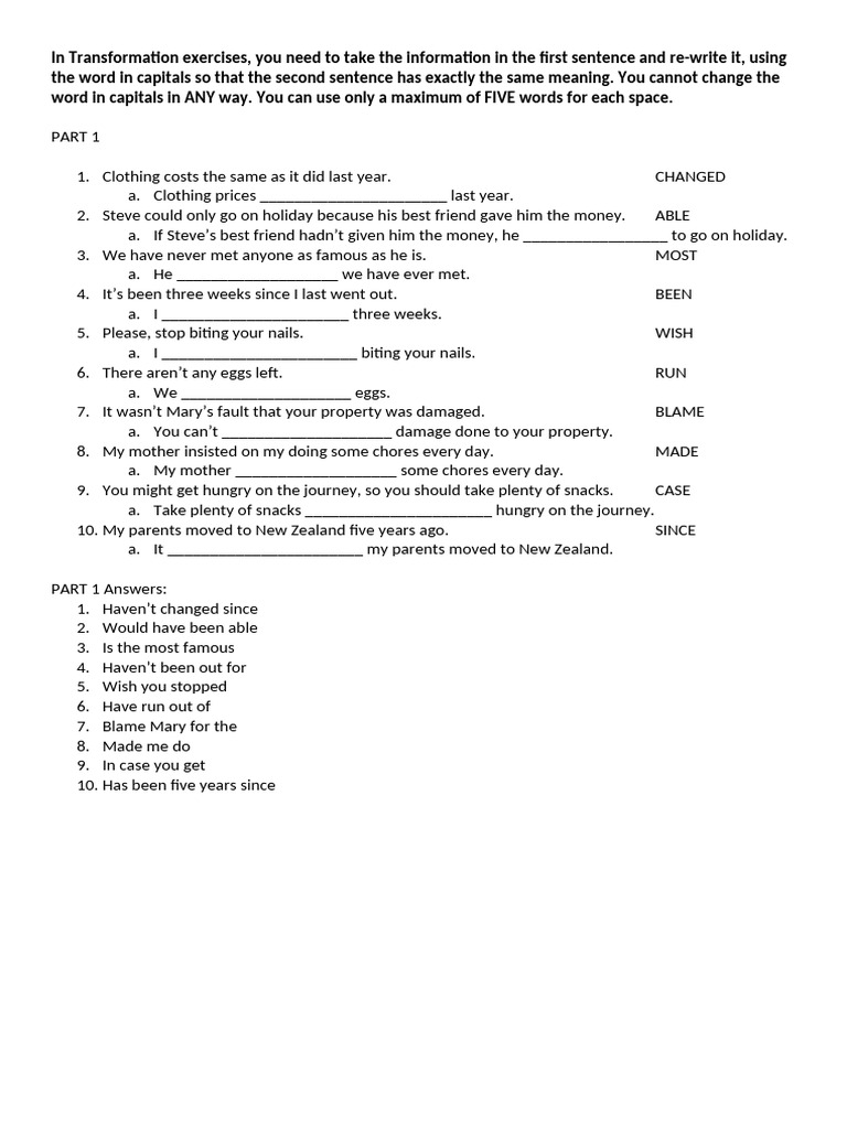 B1 Only Transformation Exercises Ak | PDF