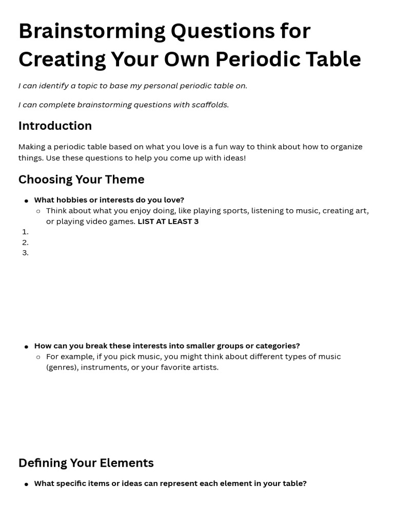 Brainstorming Questions For Creating Your Own Periodic Table | PDF ...