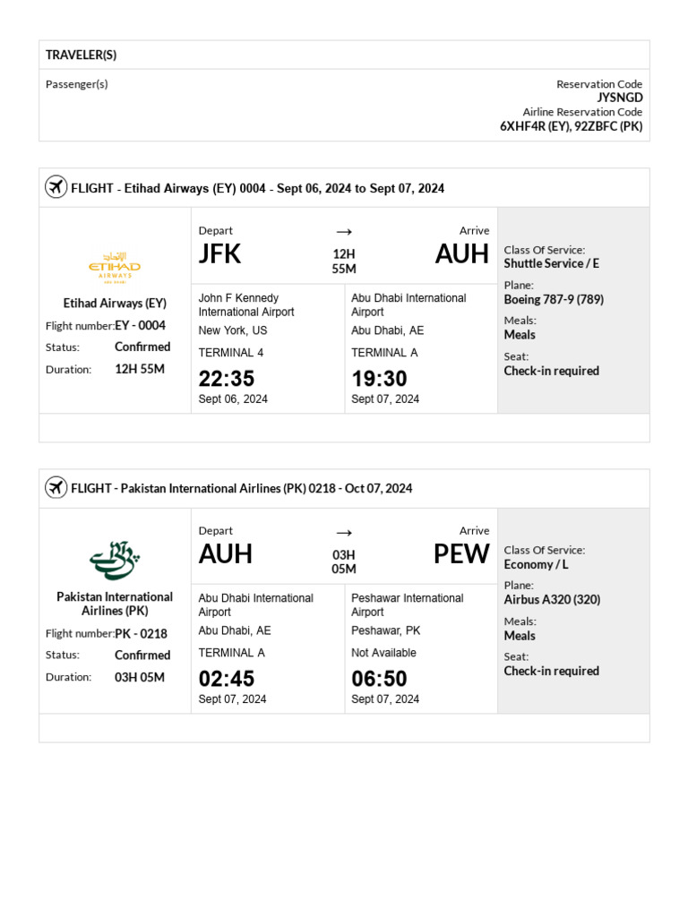 Etihad & PIA Flights: JFK-AUH-PEW Sept-Oct 2024 | PDF | Airliner ...