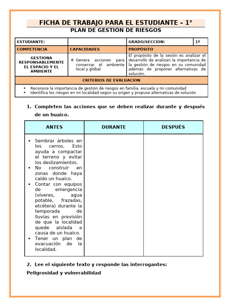 Unidad 8 - Ficha Sem 2 - CC - SS 1° | PDF | Riesgo