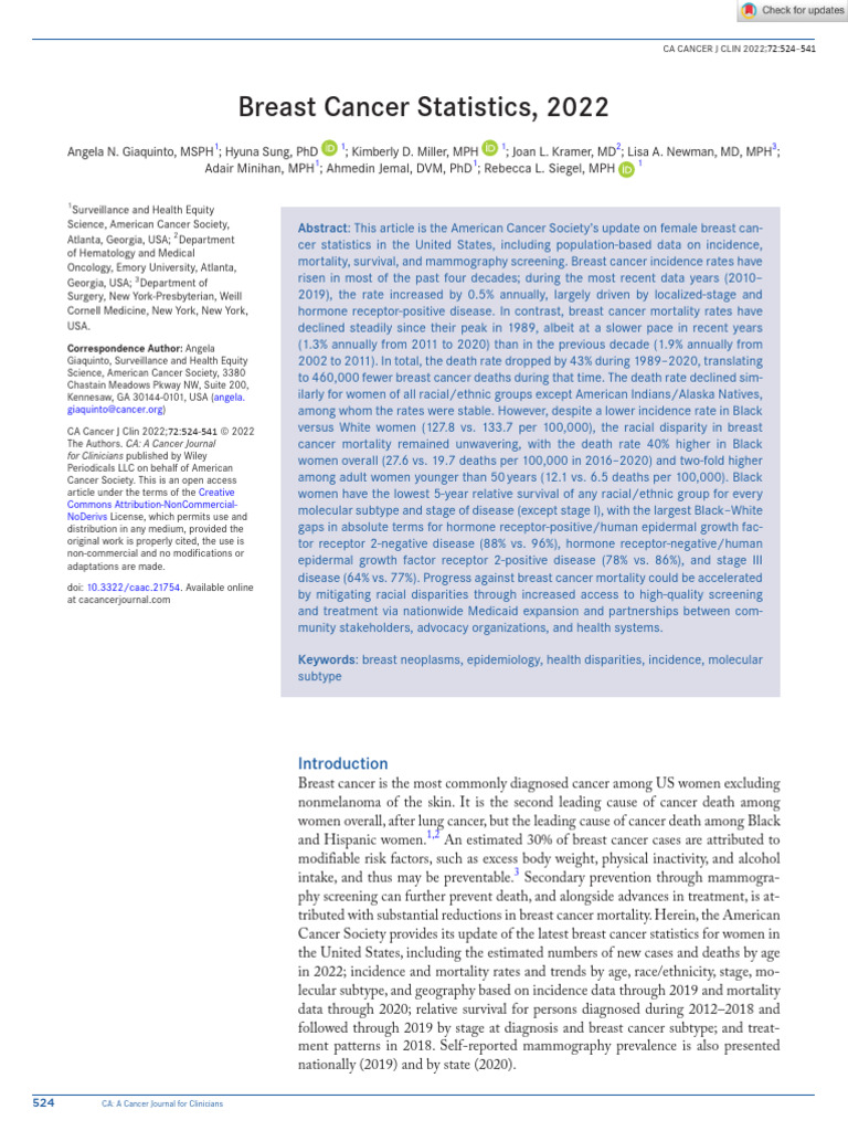 CA A Cancer J Clinicians - 2022 - Giaquinto - Breast Cancer Statistics 2022 | PDF | Cancer ...