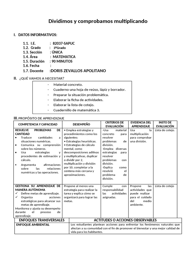 D5 A1 SESION MAT. Dividimos y Comprobamos Multiplicando | PDF | Evaluación | Aprendizaje