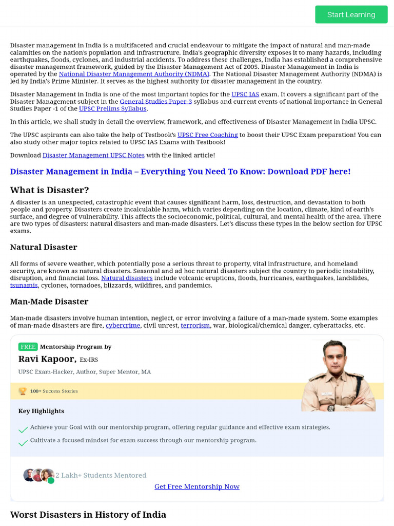 Disaster Management in India - Overview & Mitigation Strategies | PDF