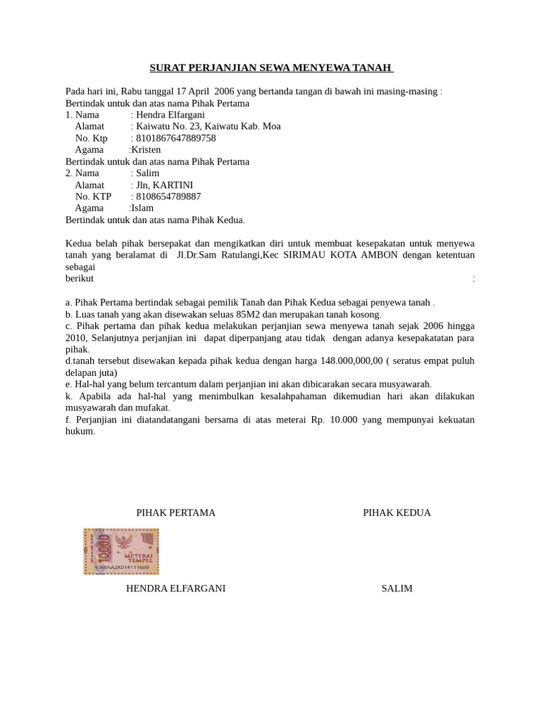 Surat Perjanjian Sewa Menyewa Tanah | PDF