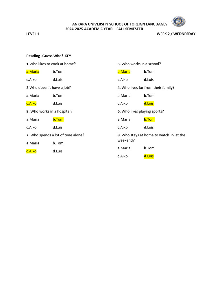 Reading Guess Who (WEDNESDAY) - Key | PDF