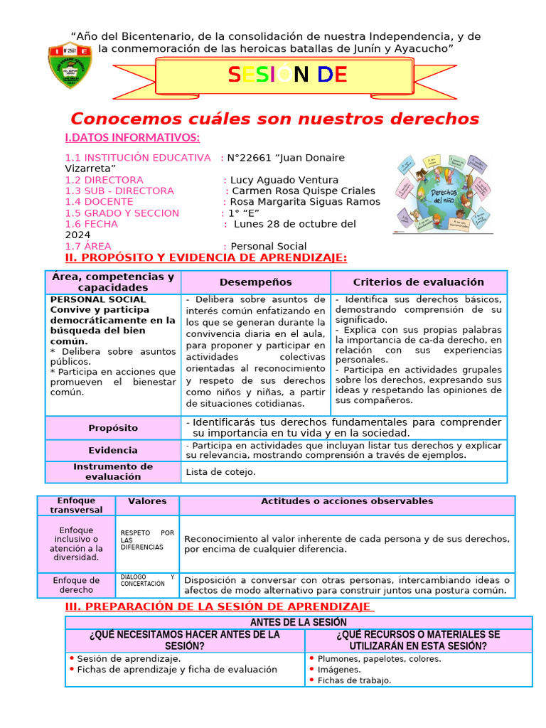Sesion de Aprendizaje P. S. Conocemos Cuales Son Nuestros Derechos | PDF | Aprendizaje | Evaluación