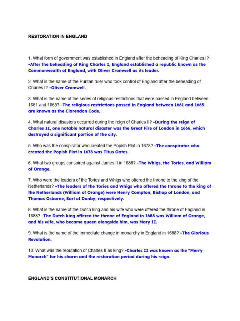 RESTORATION IN ENGLAND | PDF | Monarch | Monarchy Of The United Kingdom