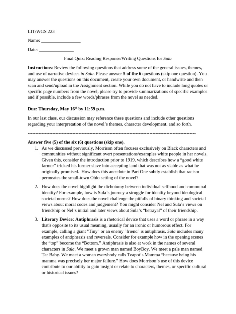 LIT 223 Reading Response Writing Quiz For Sula | PDF | Social Science ...