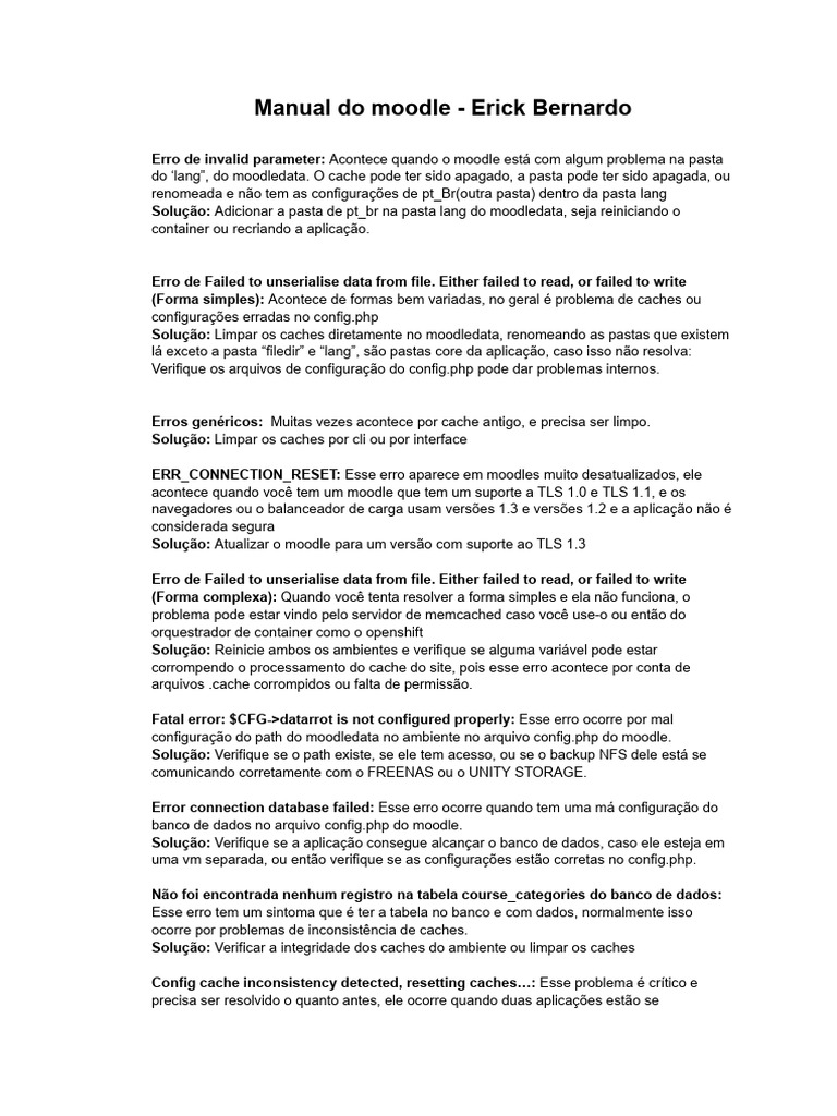 Manual de Erros Do Moodle - Erick Bernardo | PDF | Cache (informática) | Bancos de dados