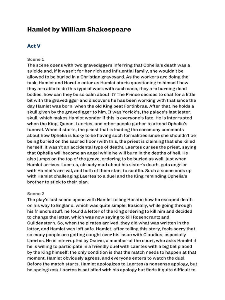 Hamlet Summary - Act V | PDF | Hamlet | Shakespearean Tragedies