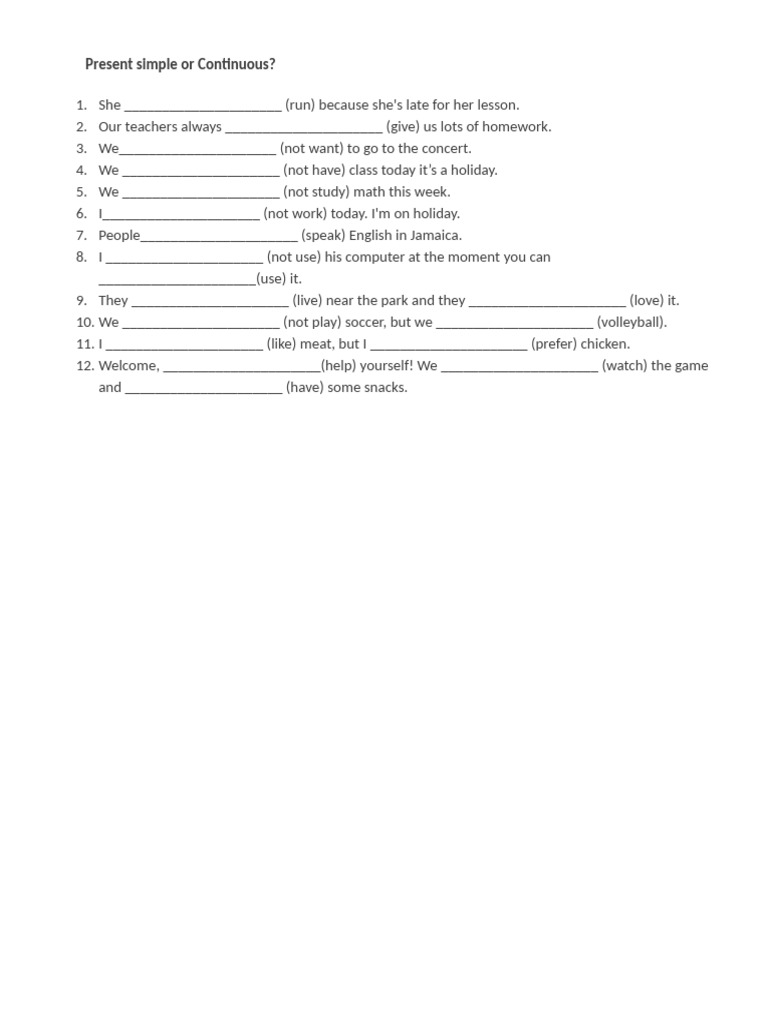 Present simple or Continuous fill gaps | PDF