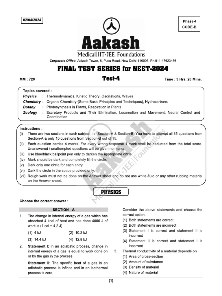 Final Test Series Test 4 Code B Pdf