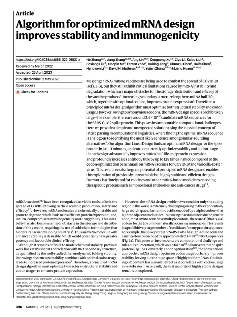 Algorithm For Optimized mRNA Design Improves Stability and Immunogenicity | PDF | Messenger Rna ...
