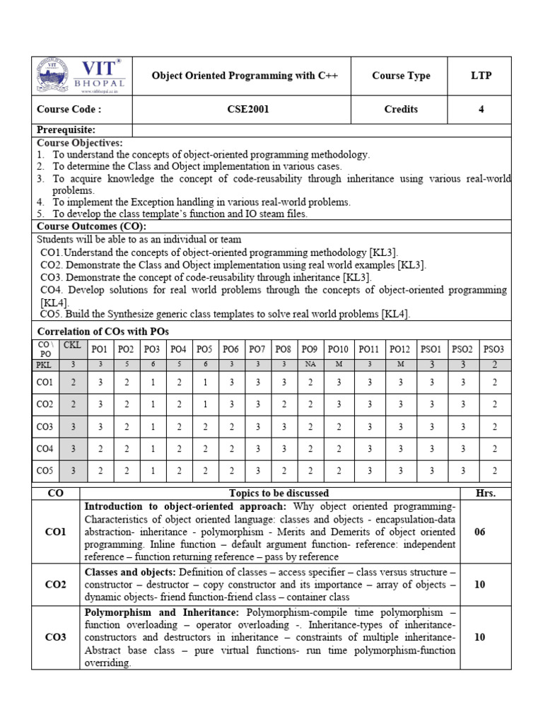 Cse2001 Object Oriented Programming With C Ltp 11 58 Cse2001 Object 7429