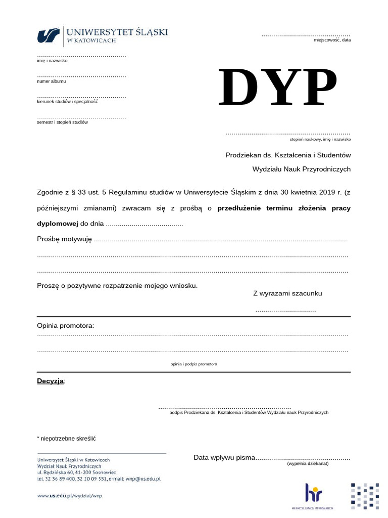 Wniosek o Przedłużenie Terminu Złożenia Pracy Dyplomowej | PDF