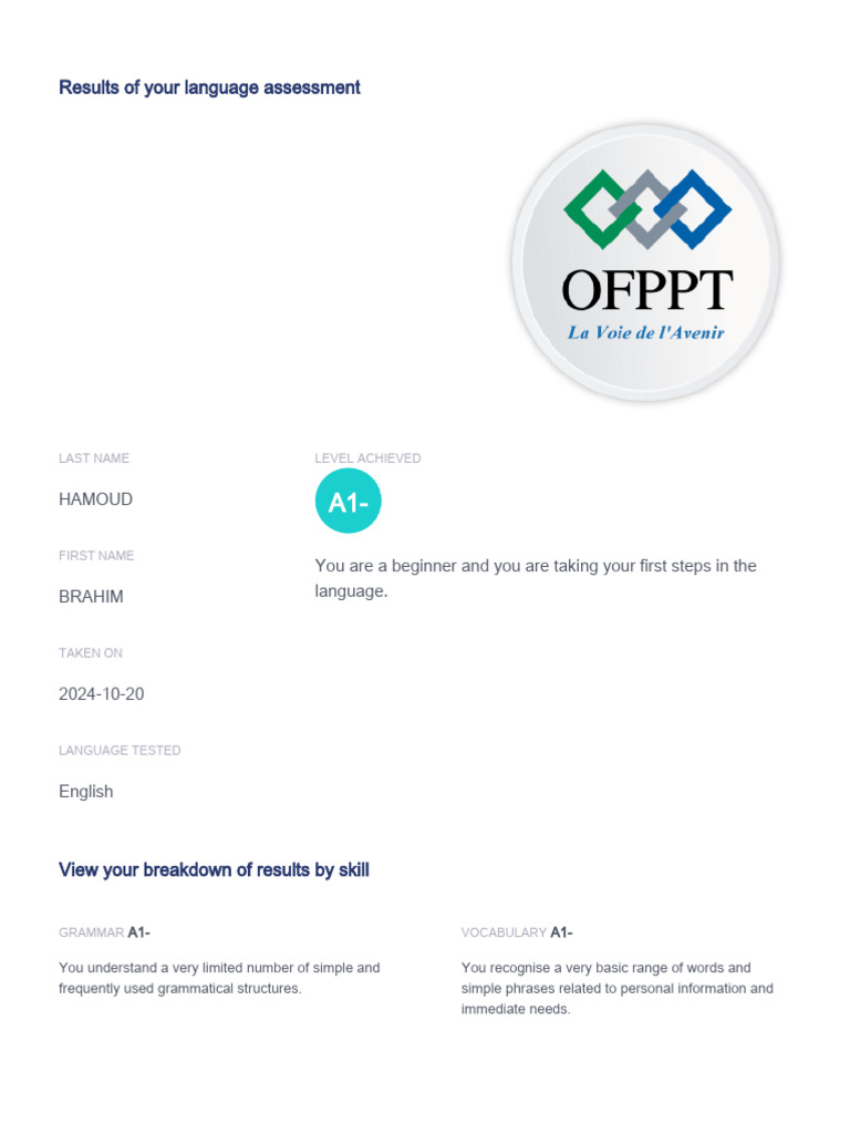 A1 English Language Assessment Results | PDF