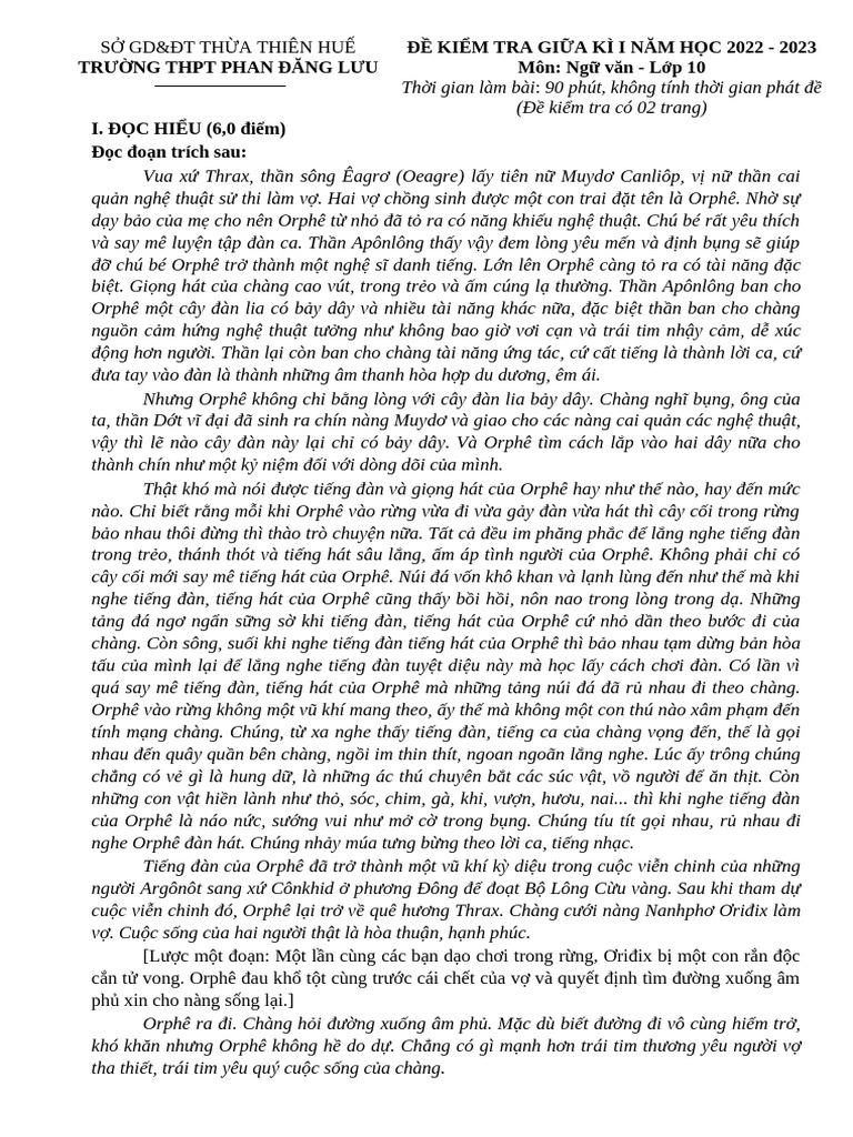 De KT Giua Ki I - Nguvan - 10 - 2022 2023 | PDF