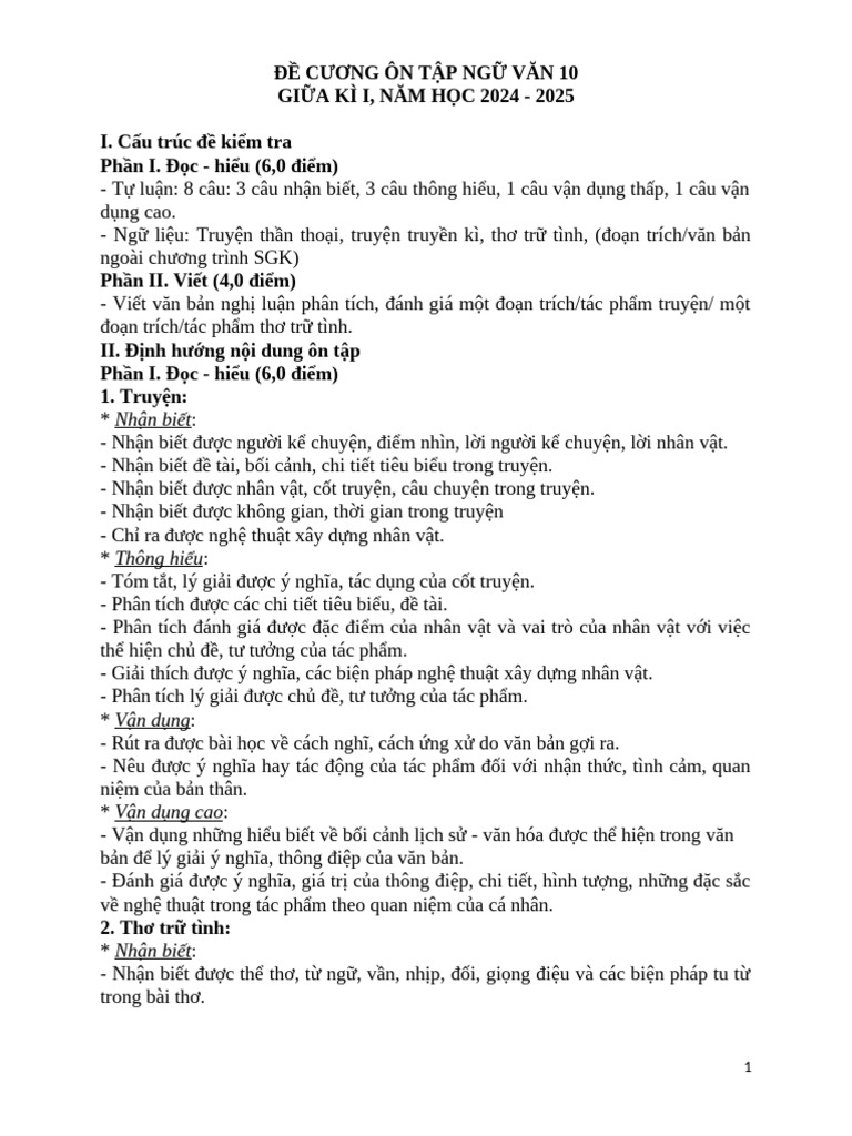 De Cuong Giua Ki 1 - Khoi 10 - 2024 2025 | PDF